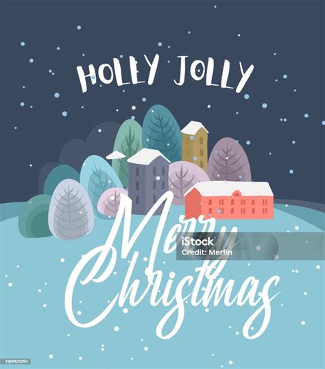 집과 나무와 눈 덮인 도시 풍경 크리스마스와 새해 인사말 카드 축제 타이포그래피가있는 겨울 풍경 벡터 12월에 대한 스톡 벡터