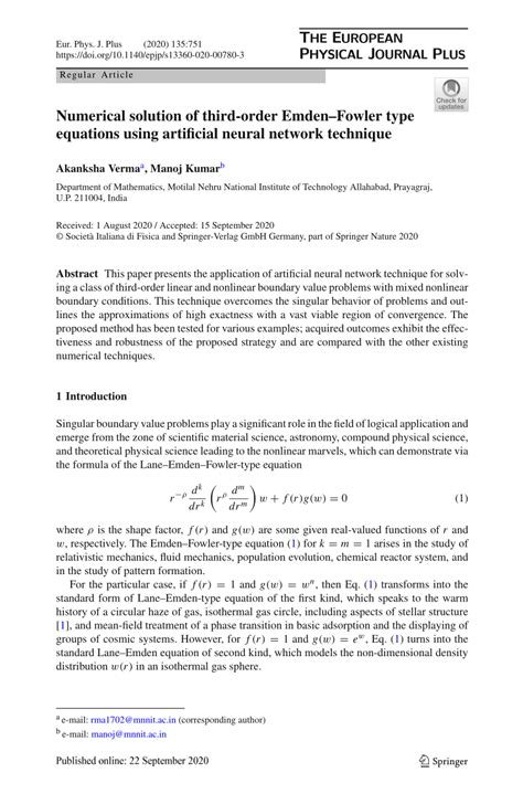 Pdf Numerical Solution Of Third Order Emden Fowler Type Equations Using Artificial Neural