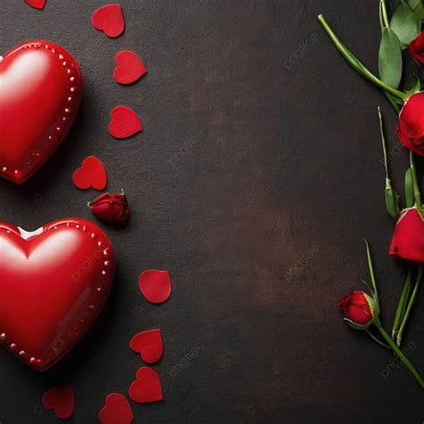 발렌타인 데이 구성 빨간 하트 모양의 장식물 장미 어두운 배경 낭만적 인 장면 흩어진 심장 색종이 조각 사랑 기호 대조 색상
