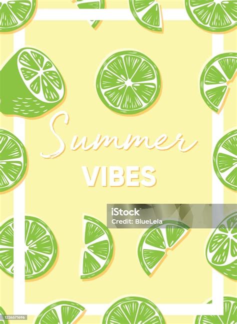 밝은 노란색 배경에 여름 분위기 타이포그래피 슬로건과 신선한 과일 라임 과일 디자인 다채로운 플랫 벡터 일러스트레이션 0명에 대한 스톡 벡터 아트 및 기타 이미지 Istock