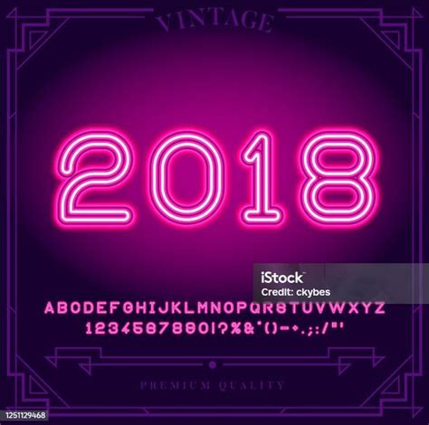 2018 새해 복 많은 연말연시 밝은 네온 알파벳 문자 숫자와 기호 벡터에 로그인합니다 야간 쇼 나이트 클럽 2018년에 대한