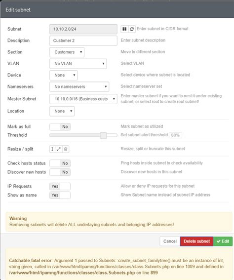 [bug] unable to delete subnet · issue 1189 · phpipam phpipam · github