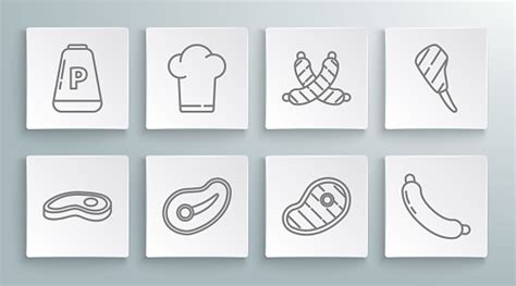 세트 라인 스테이크 고기 요리사 모자 소시지 교차 소시지 립 아이 스테이크와 후추 아이콘 벡터 갈비 스테이크에 대한 스톡 벡터 아트 및 기타 이미지 Istock