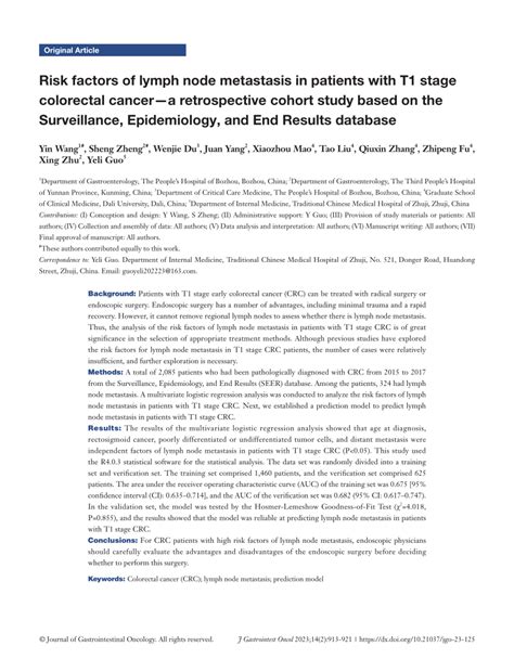 Pdf Risk Factors Of Lymph Node Metastasis In Patients With T1 Stage