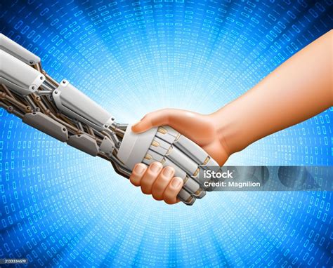Aihuman Handshake Robot Hand And Human Hand Binary Code Background Stock Illustration Download