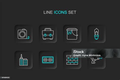 세트 라인 전기 드릴 머신 벽돌 전기 콘센트 도시 풍경 전구 페인트 통 도구 상자 및 룰렛 건설 아이콘 벡터 건설 기계류에 대한 스톡 벡터 아트 및 기타 이미지 Istock