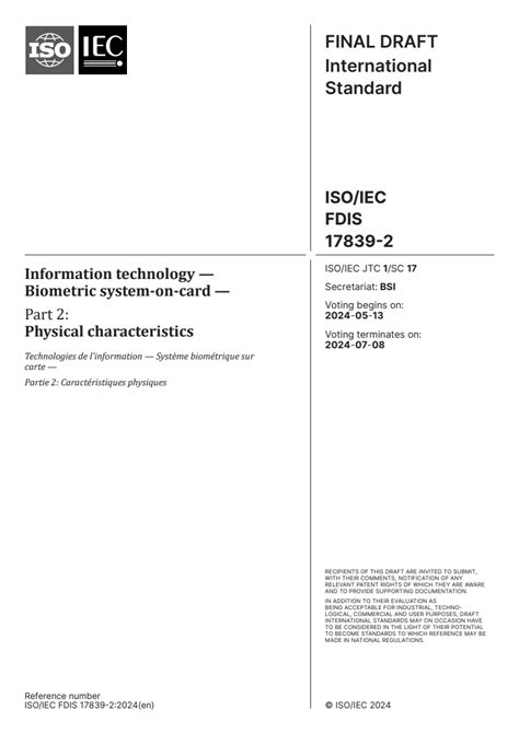 ISO IEC FDIS 17839 2 Information Technology Biometric System On Card Part 2 Physical