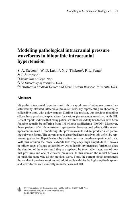 Pdf Modeling Pathological Intracranial Pressure Waveforms In