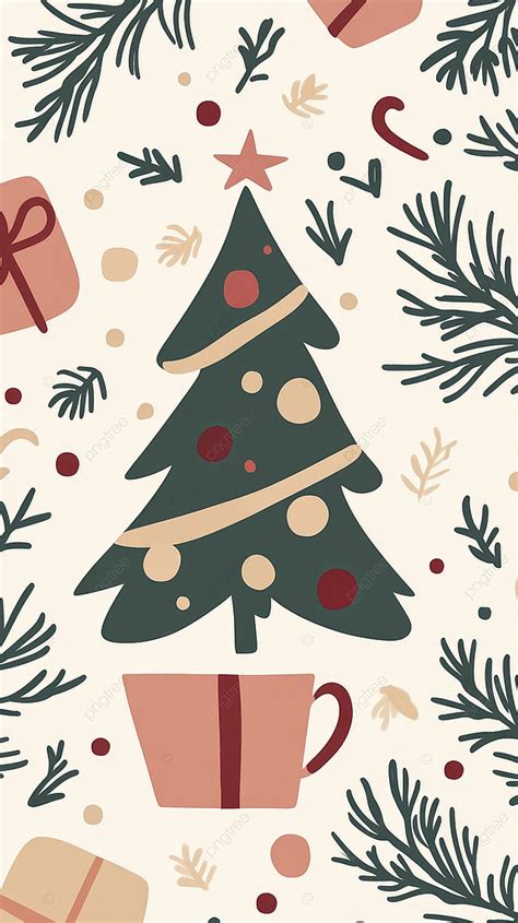 크리스마스 트리 선물 상자와 빨간색 녹색 및 베이지색 색상 팔레트의 커피 컵이 포함된 크리스마스 패턴 배경 배경 화면 및