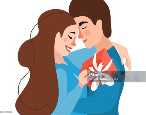 포옹 키스 하 고 손잡고 선물 상자와 함께 시간을 보내고 즐기는 사랑에 아름 다운 젊은 부부 발렌타인 사랑 인사입니다 벡터 일러스트 레이 션 2명에 대한 스톡 벡터 아트 및