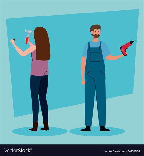 Woman And Man With Construction Drill Hammer Vector Image