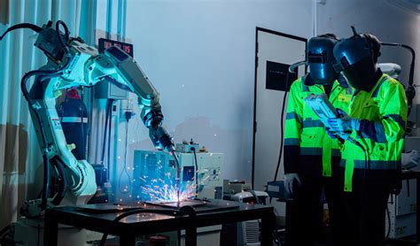 자동화 용접 로봇 기계를 개발하기 위해 학습하고 분석한 엔지니어 팀은 인공 지능형 산업 시스템 자동화 모니터링 하이테크 산업 제조 개념입니다 2명에 대한 스톡 사진 및 기타