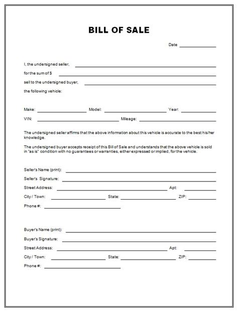 Free Printable Free Car Bill Of Sale Template Form Generic