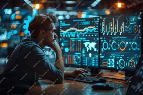 Premium Photo Data Analyst Working On Multiple Monitors Displaying Complex Charts And Graphs