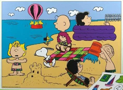 Peanuts Gang At The Beach With Snoopy Running To The Ocean To Surf