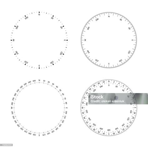 다이얼 및 바람 방향이 있는 원형 각도기 편집 가능한 스트로크 너비입니다 계기판 측정기에 대한 스톡 벡터 아트 및 기타 이미지