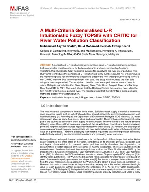 Pdf A Multi Criteria Generalised L R Intuitionistic Fuzzy Topsis With Critic For River Water