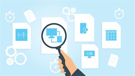 데이터베이스 서버 엑셀 파일 문서 연구 벡터 일러스트레이션 검색 아이콘으로 문서작성합니다 파일 및 돋보기 분석 연구 기호입니다