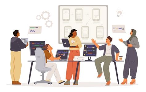 회의에서 다양한 비즈니스 팀이 앱 개발 프로젝트 플랫 벡터 일러스트에 대해 논의하고 있습니다 개발에 대한 스톡 벡터 아트 및 기타 이미지 Istock