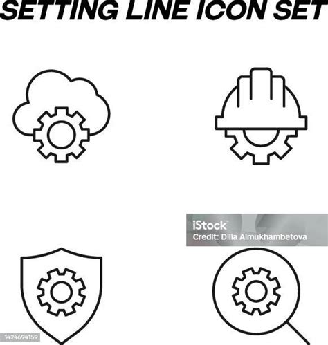 앱 서적 상점 상점 등에 적합한 간단한 흑백 벡터 기호 구름 헬멧 방패 돋보기로 기어 또는 톱니바퀴의 표시가있는 라인 아이콘 설정 개념에 대한 스톡 벡터 아트 및 기타