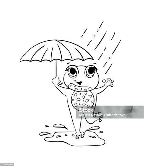 흰색 배경에 고립 된 비에 우산을 가진 귀여운 작은 웃음 개구리의 검은 윤곽 색칠 공부를 위한 캐릭터 일러스트 가공의 인물에