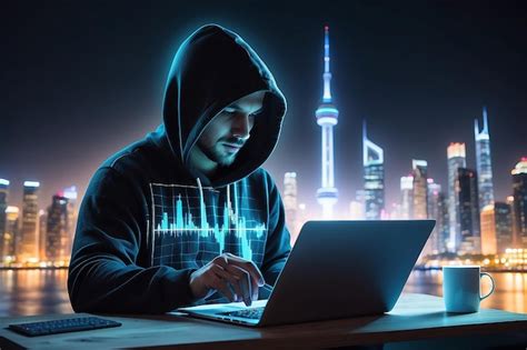 Premium Photo Hacker In Hoodie Using Laptop With Glowing Candlestick Forex Chart On Blurry
