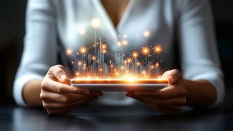 Modern Technology Hands Holding Smartphone With Glowing Data Visualization For Innovative