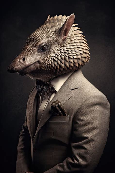 Ai Generated Illustration Of A Portrait Of An Armadillo In A Gray Suit Stock Illustration