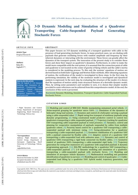 Pdf 3 D Dynamic Modeling And Simulation Of A Quadrotor Transporting Cable Suspended Payload