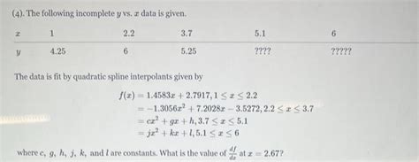 Solved 4 The Following Incomplete Y Vs X Data Is Given