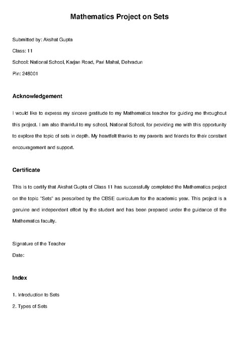 Mathematics Project On Sets For Class 11 Fixed Title Studocu