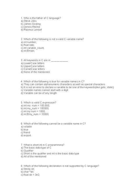 Cprogramming Mcq 1 Who Is The Father Of C Language A Steve Jobs