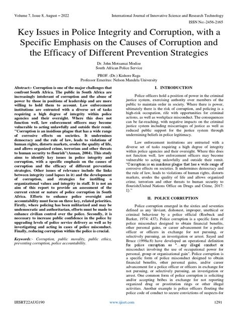 Key Issues In Police Integrity And Corruption With A Specific Emphasis On The Causes Of