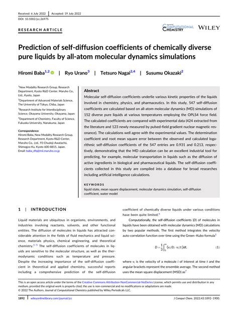 Pdf Prediction Of Self‐diffusion Coefficients Of Chemically Diverse Pure Liquids By All‐atom