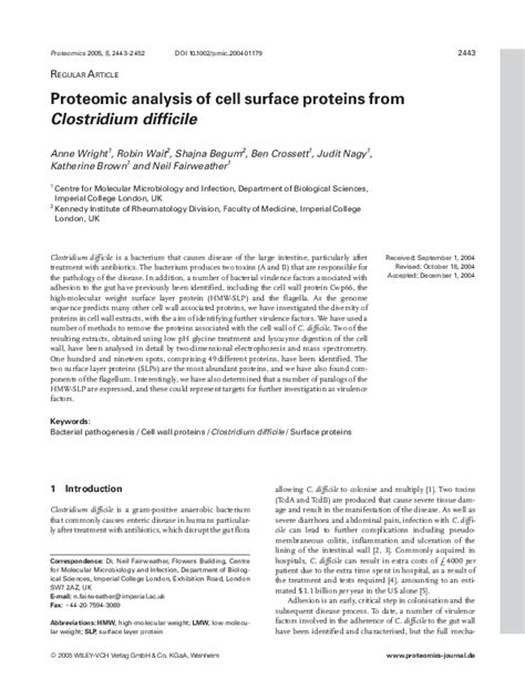 Pdf Proteomic Analysis Of Cell Surface Proteins Fromclostridium Difficile