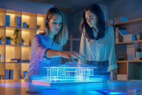 Innovative Technology In Architecture Women Designing Holographic Blueprints For Futuristic