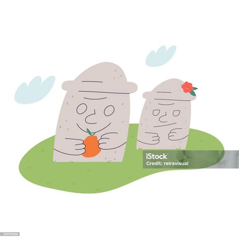 한국 제주도의 돌하루방 석상 흰색 배경에 고립된 평면 벡터 일러스트레이션 0명에 대한 스톡 벡터 아트 및 기타 이미지 0명 가공의 인물 감귤 Istock