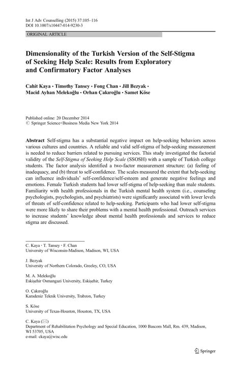 Pdf Dimensionality Of The Turkish Version Of The Self Stigma Of Seeking Help Scale Results