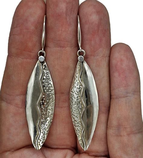 Bold And Long Silver Earrings Zig Zag Hammered Design Sterling Silver Marquise Shaped Leaf