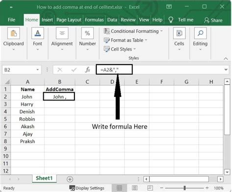 How To Add Comma At The End Of Cell Text In Excel