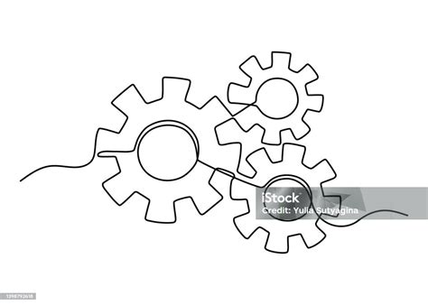 기어 휠 기호 기술 연속 한 줄 그리기 비즈니스 팀워크 개념을위한 톱니 바퀴 기어 이동 윤곽선 단일 윤곽선 벡터 일러스트 레이 션 기어 기계 부분에 대한 스톡 벡터 아트 및
