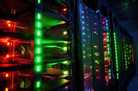 Premium Ai Image Closeup Of Server Racks With Glowing Led Lights Created With Generative Ai