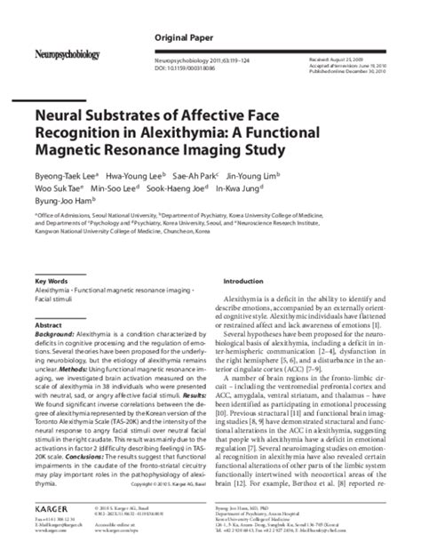 Pdf Neural Substrates Of Affective Face Recognition In Alexithymia A Functional Magnetic