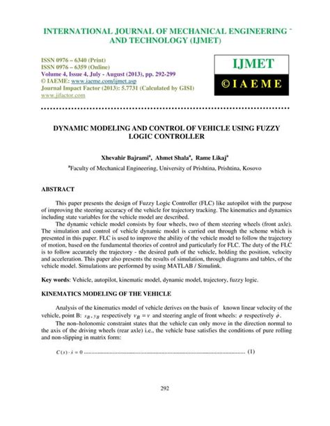 Dynamic Modeling And Control Of Vehicle Using Fuzzy Logic Controller PDF