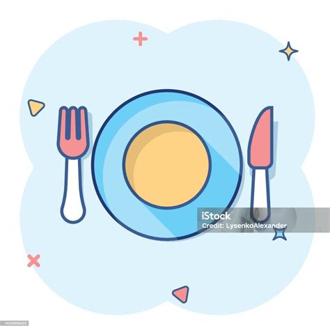 포크와 나이프 레스토랑의 만화 스타일에서 아이콘입니다 저녁 식사 장비 벡터 만화 그림 그림 레스토랑 비즈니스 개념 스플래시 효과입니다 강철에 대한 스톡 벡터 아트 및 기타