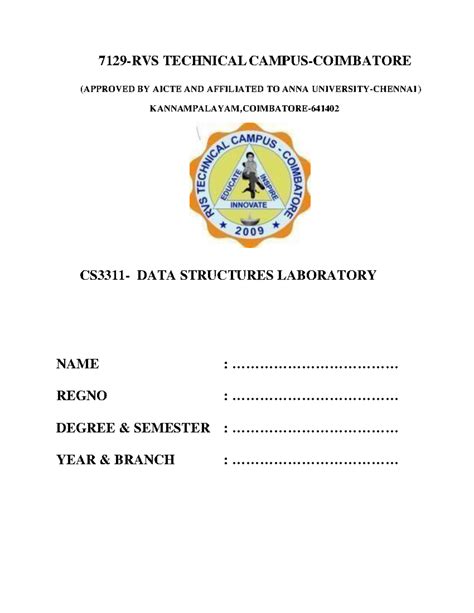 Cs3311 Data Structures Lab Manual 7129 Rvs Technical Campus Coimbatore Approved By Aicte