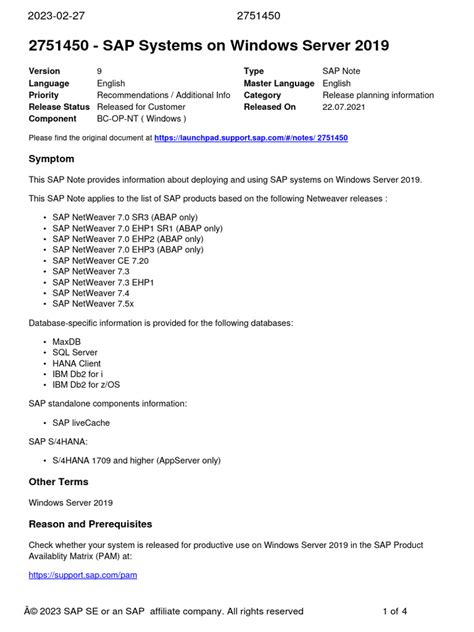 2751450 Sap Systems On Windows Server 2019 Download Free Pdf