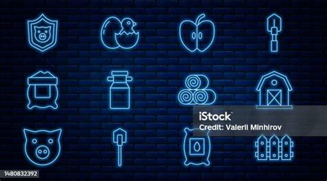 세트 라인 정원 울타리 나무 농장 집 사과 우유 캔 용기 밀가루 봉지 돼지와 방패 롤 건초 및 작은 병아리 금이 간 계란 아이콘 벡터 0명에 대한 스톡 벡터 아트 및 기타