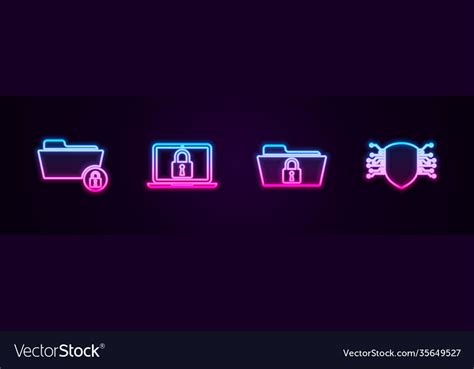 Set Line Folder And Lock Laptop And Cyber Vector Image