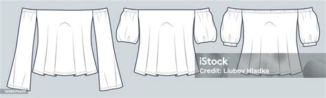 최고 기술 패션 일러스트레이션의 세트입니다 블라우스 패션 플랫 기술 도면 템플릿 퍼프 슬리브 7 8 소매 오프 숄더 정면도 화이트 여성 Cad 모형 세트 0명에 대한 스톡